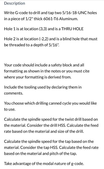 Description Write G-code to drill and tap two | Chegg.com