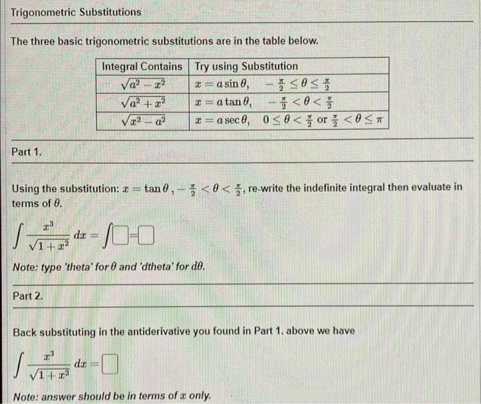 Solved Trigonometric Substitutions The three basic | Chegg.com