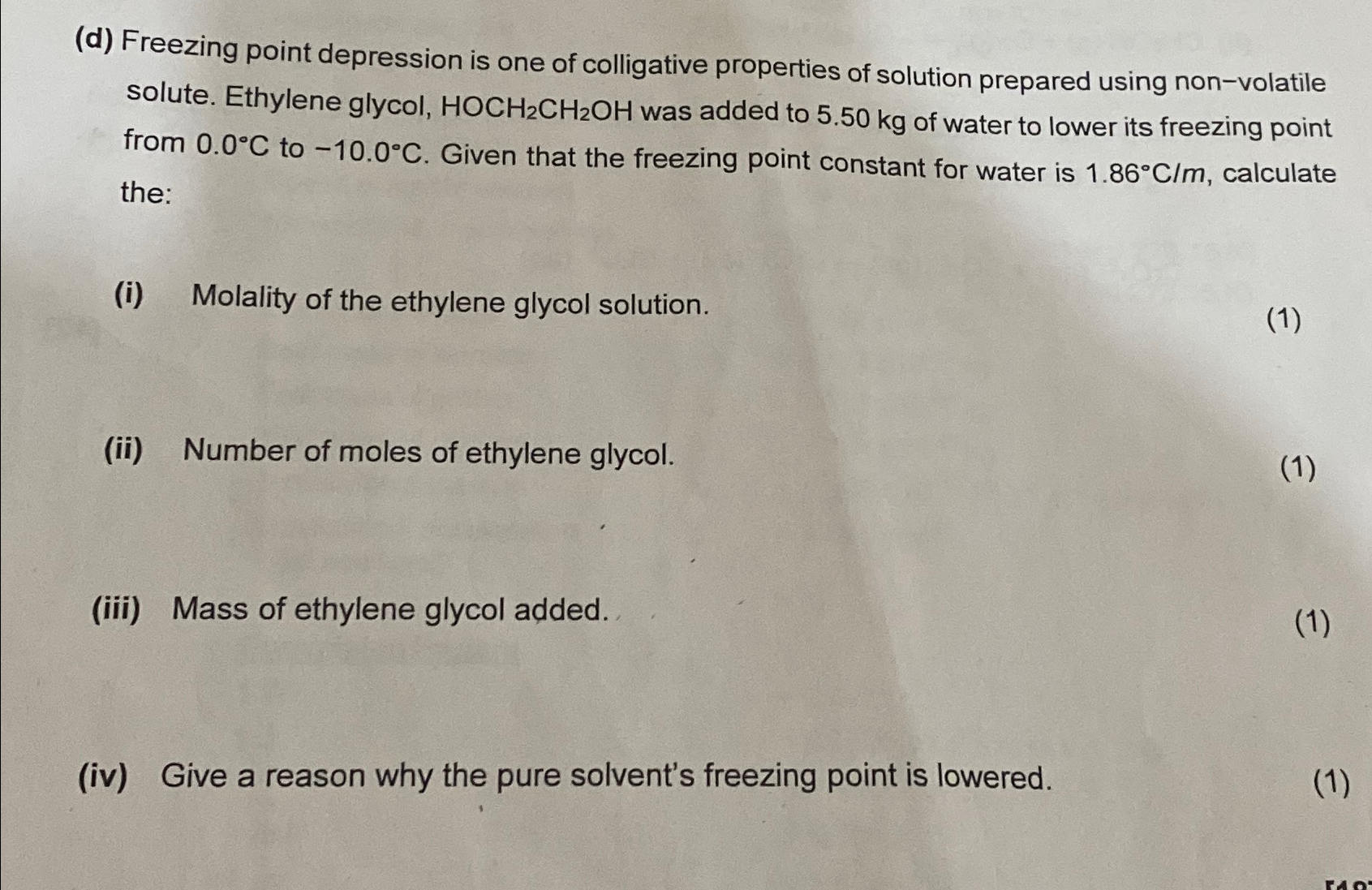 Solved (d) ﻿Freezing point depression is one of colligative | Chegg.com