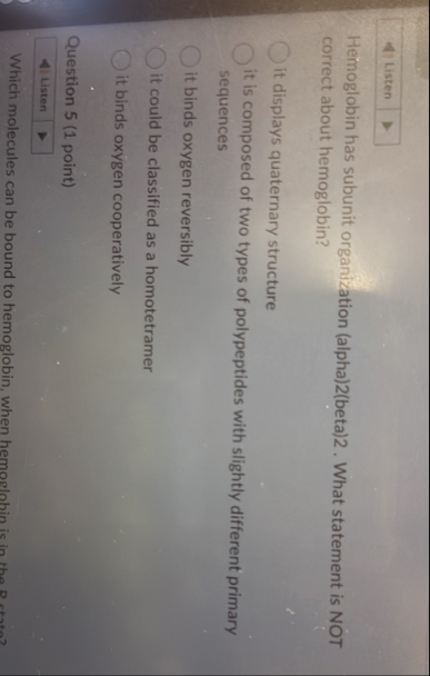 Solved ListenHemoglobin has subunit organization | Chegg.com