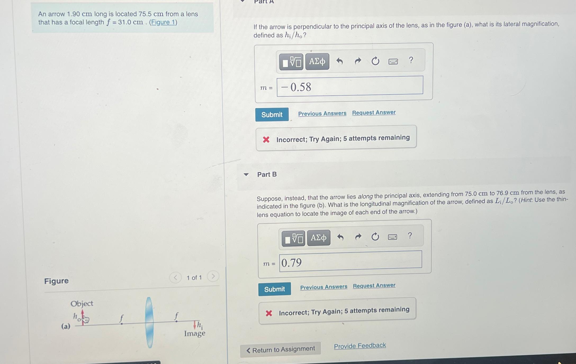 Solved An arrow 1.90cm ﻿long is located 75.5cm ﻿from a lens | Chegg.com