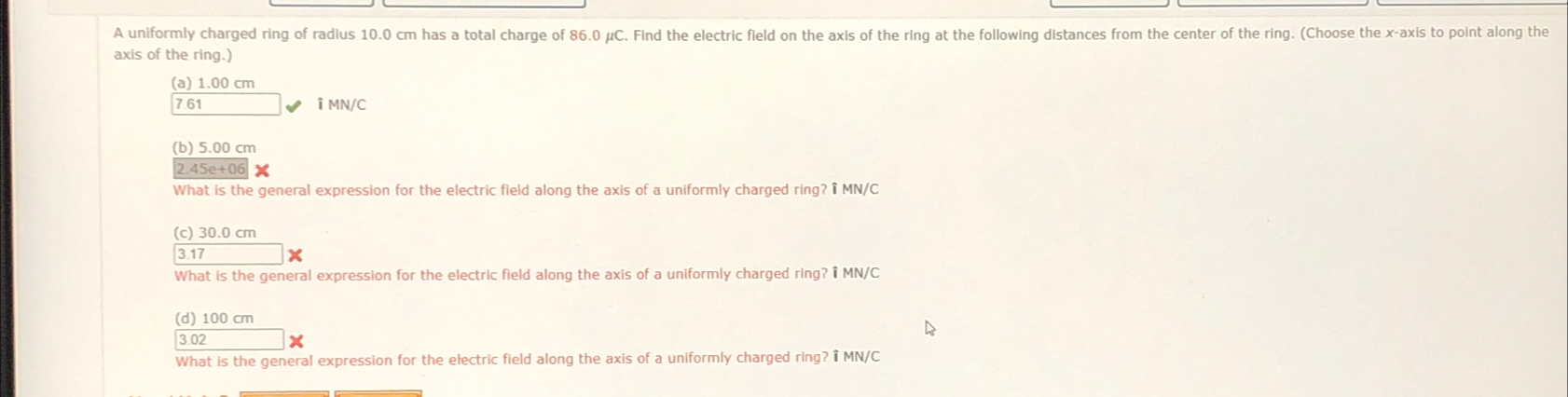 Solved axis of the ring.)(a) 1.00cmi MN/C(b) 5.00cmWhat is | Chegg.com