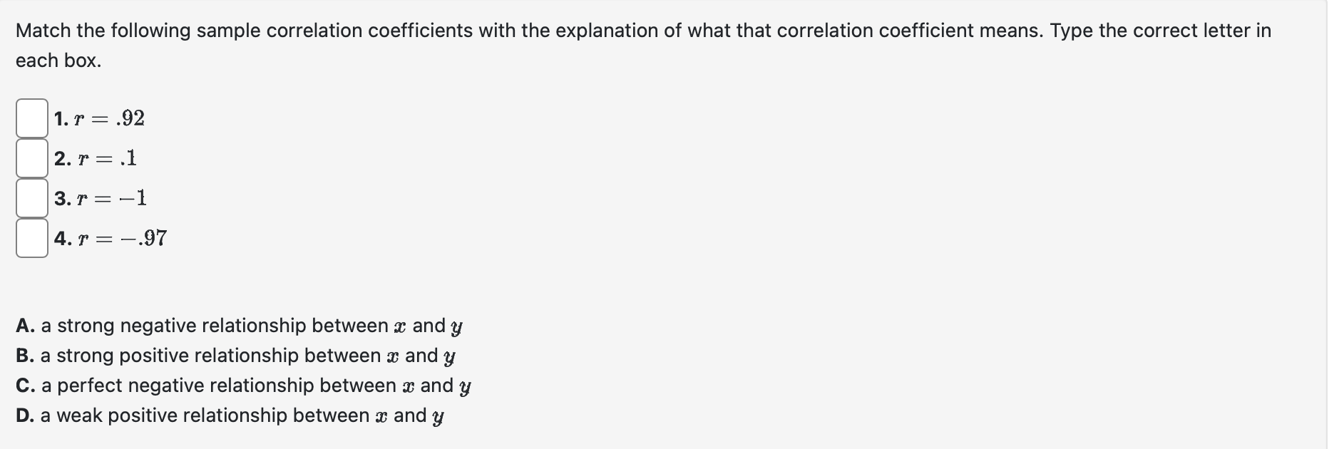 Solved Match the following sample correlation coefficients | Chegg.com