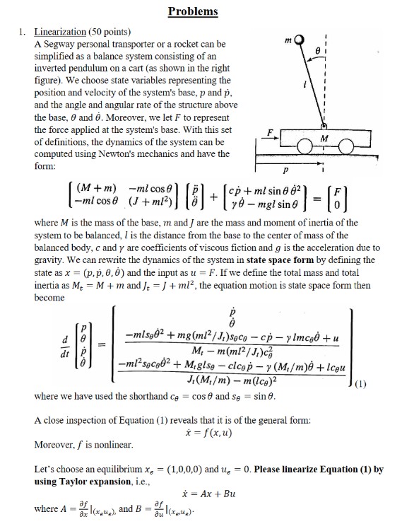 Problems ?()Linearization ( 50 ﻿points)A Segway | Chegg.com