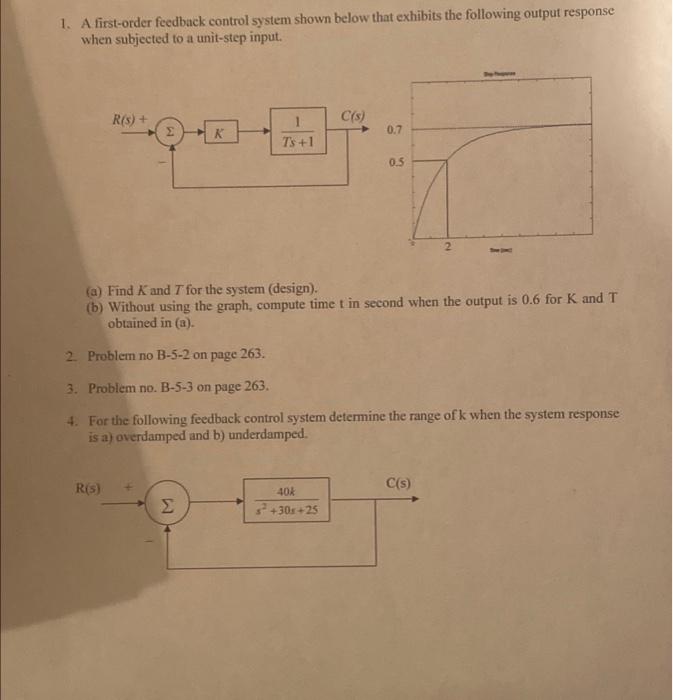 Solved 1. A first-order feedback control system shown below | Chegg.com