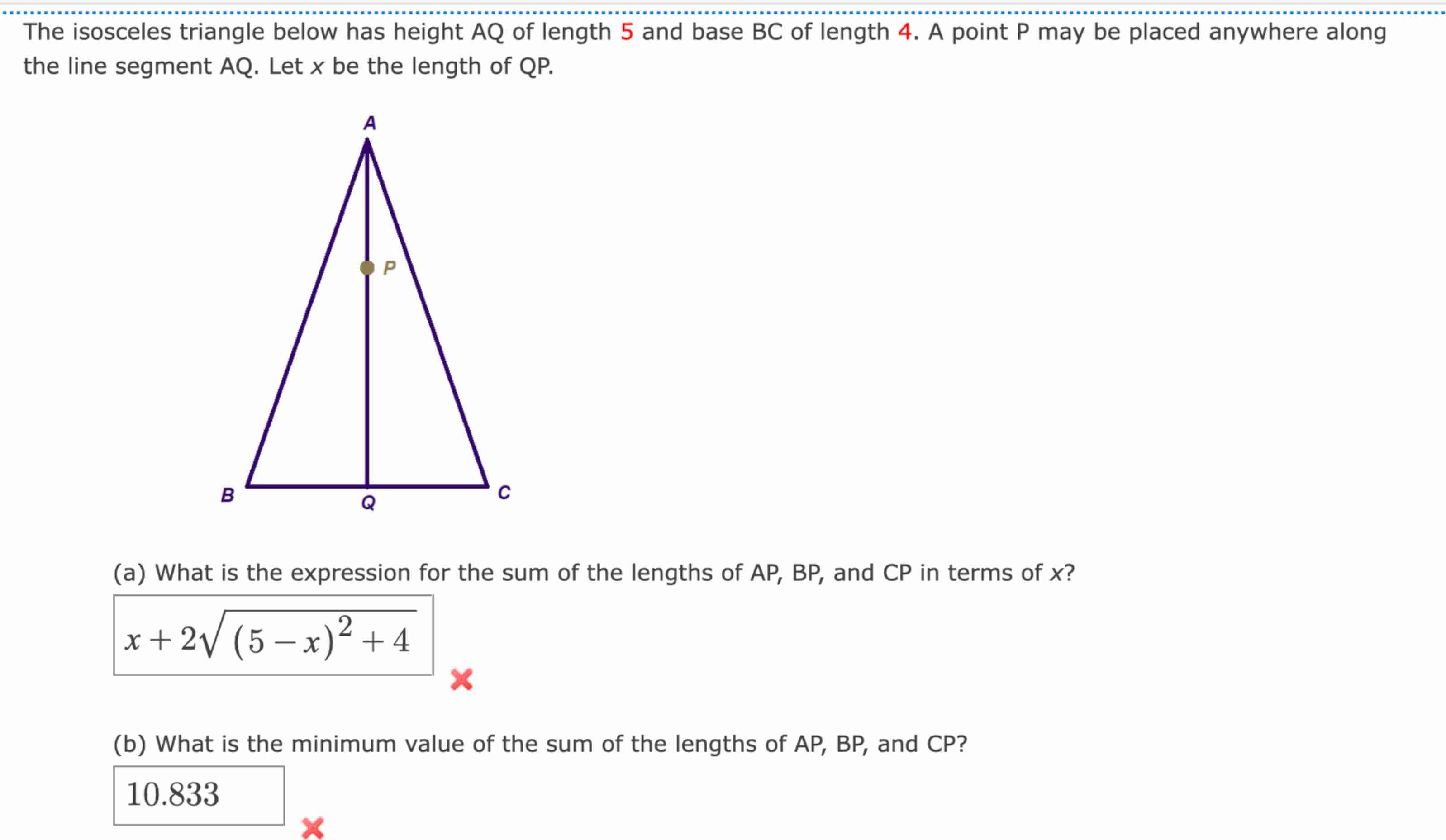 Solved The isosceles triangle below has height AQ of length | Chegg.com