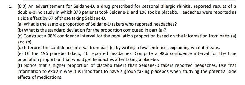Solved 1. [6.0) An advertisement for Seldane-D, a drug | Chegg.com