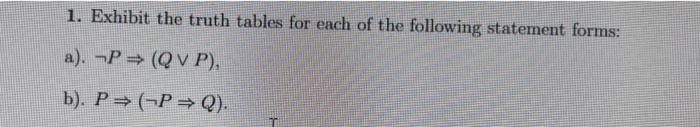 Solved 1. Exhibit the truth tables for each of the following | Chegg.com