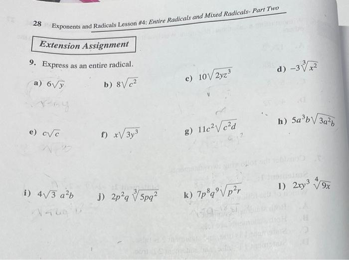 Solved 28 Exponents and Radicals Lesson #4: Entire Radicals | Chegg.com