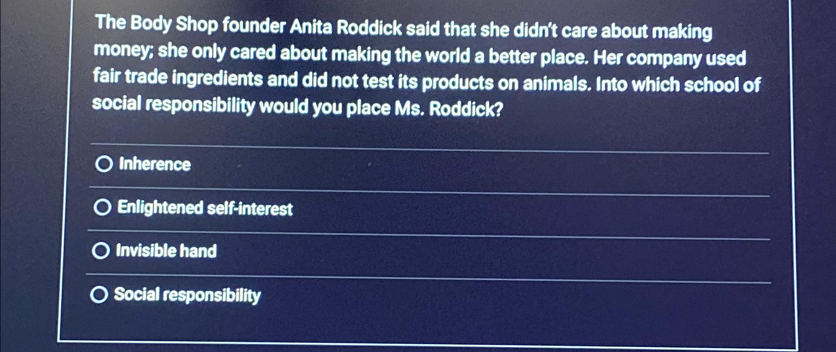 Solved The Body Shop founder Anita Roddick said that she | Chegg.com