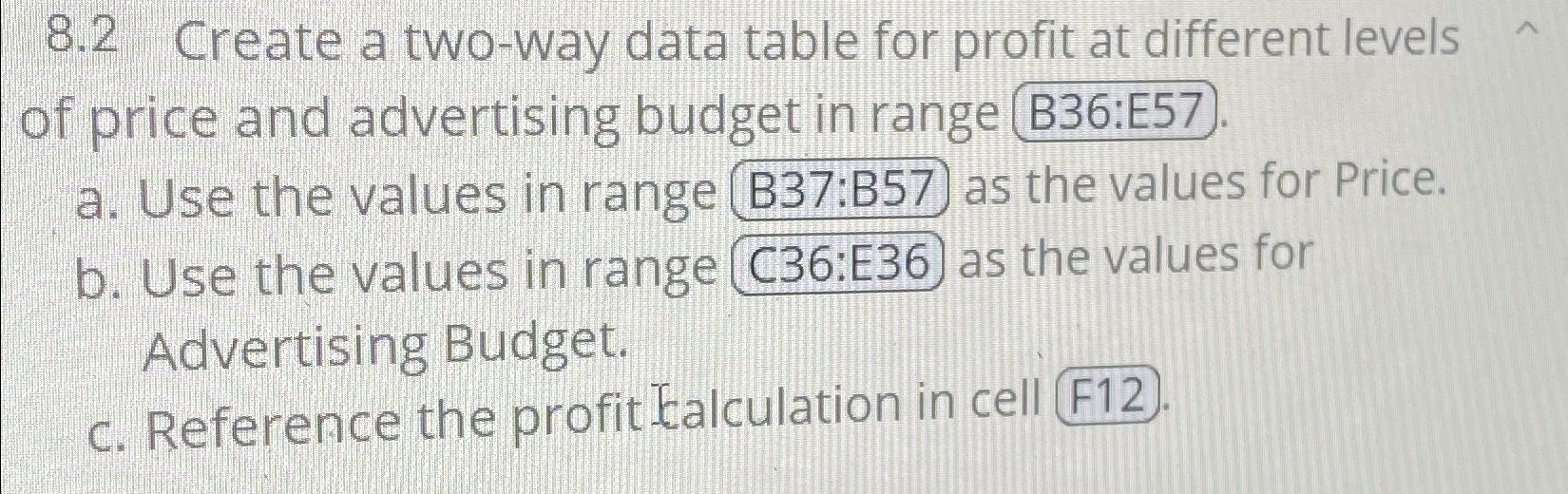 Solved 8.2 ﻿Create a two-way data table for profit at | Chegg.com