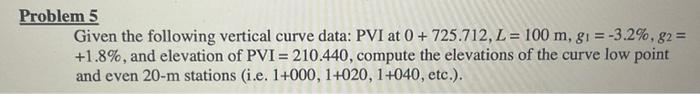 Solved Problem 5 Given the following vertical curve data: | Chegg.com
