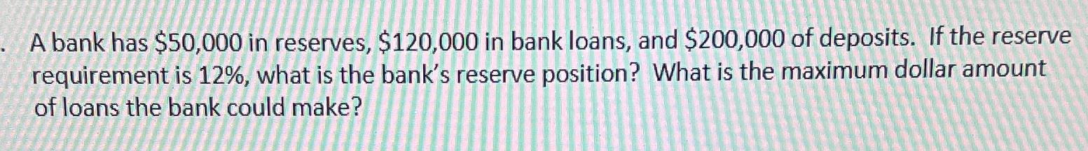 Solved A bank has $50,000 ﻿in reserves, $120,000 ﻿in bank | Chegg.com