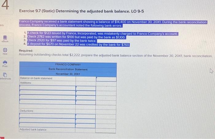 Solved Exercise 9.7 (Static) Determining the adjusted bank | Chegg.com