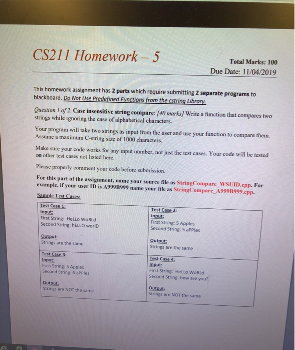 Solved CS211 Homework – 5 Total Marks: 100 Due Date: | Chegg.com