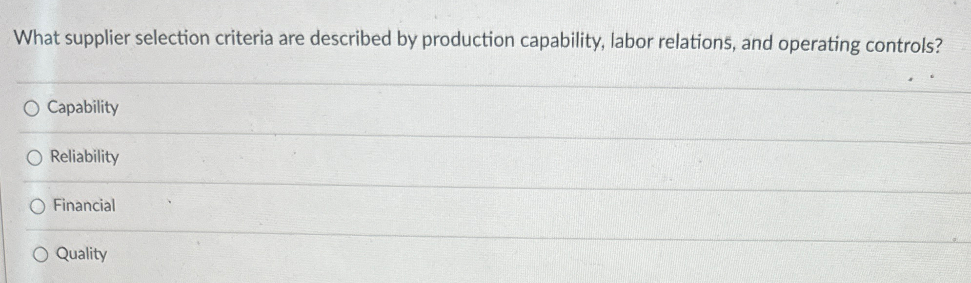 Solved What supplier selection criteria are described by | Chegg.com