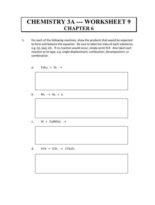 Solved Chemistry 3a --- Worksheet 9 Chapter 6 1. For Each Of 