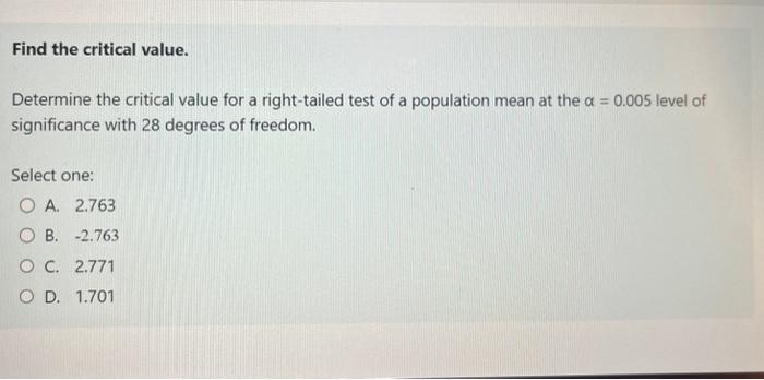 Solved Find the critical value. Determine the critical value | Chegg.com