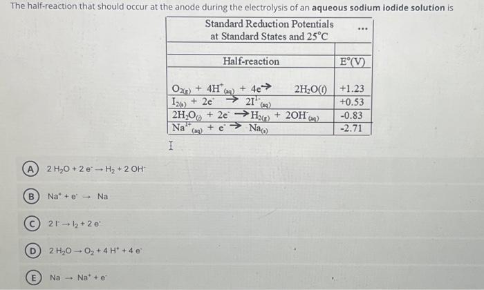 Solved 2H2O+2e−→H2+2OH− Na∗+e∗→Na 2r→l2+2e− 2H2O→O2+4H∗+4e− | Chegg.com