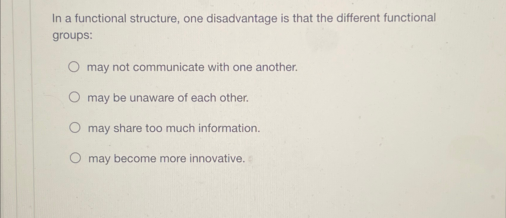 Solved In a functional structure, one disadvantage is that | Chegg.com