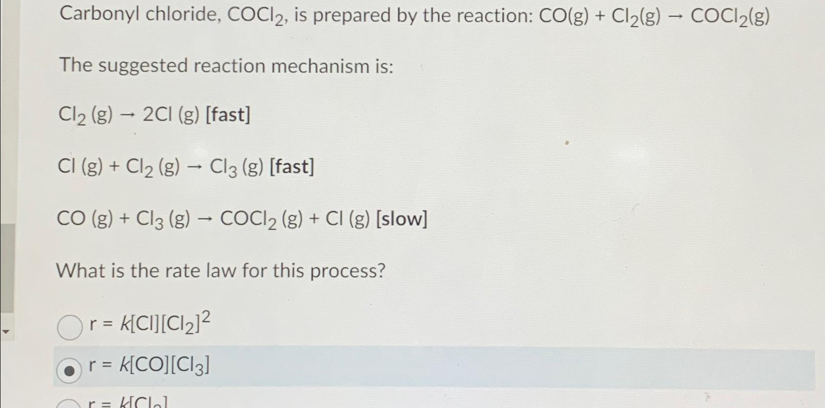 Solved Carbonyl chloride, COCl_(2), is prepared by the | Chegg.com