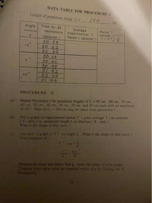 Solved Experiment 2 THE SIMPLE PENDULUM Object: To | Chegg.com