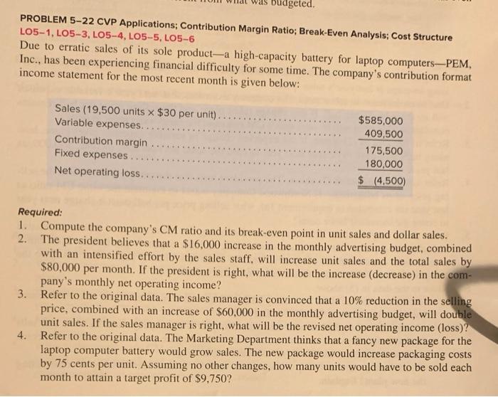 Solved budgeted. PROBLEM 5-22 CVP Applications; Contribution | Chegg.com