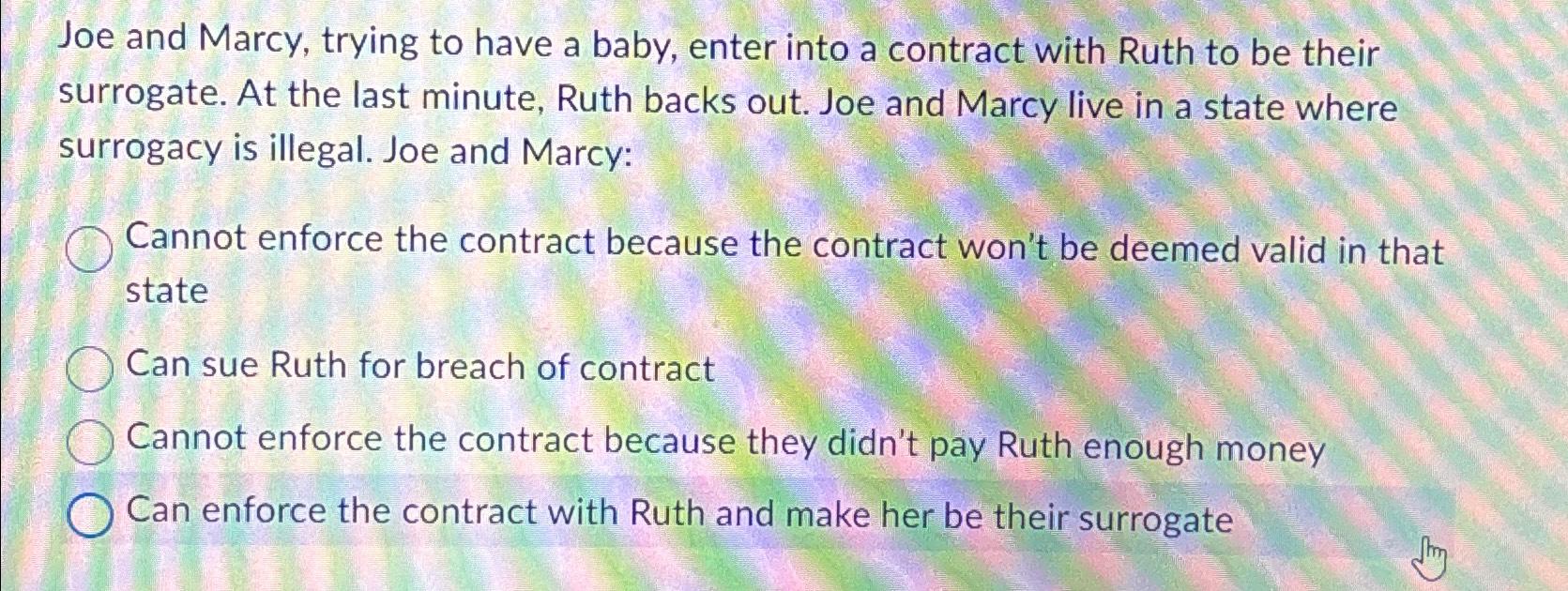 Solved Joe and Marcy, trying to have a baby, enter into a | Chegg.com