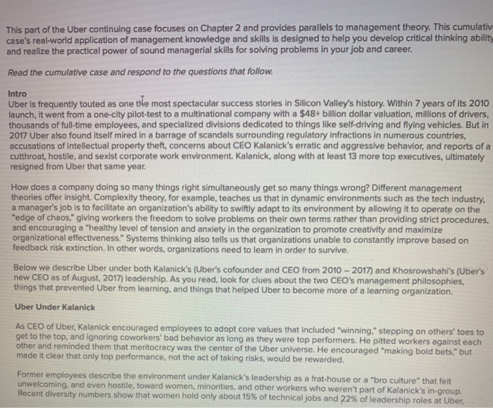 Solved This part of the Uber continuing case focuses on | Chegg.com