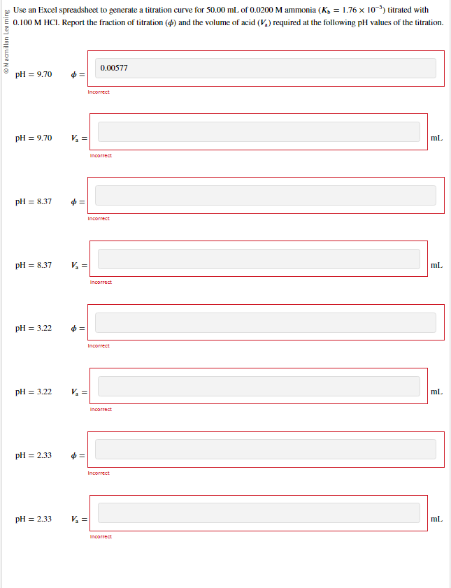 Solved Ee Use an Excel spreadsheet to generate a titration | Chegg.com