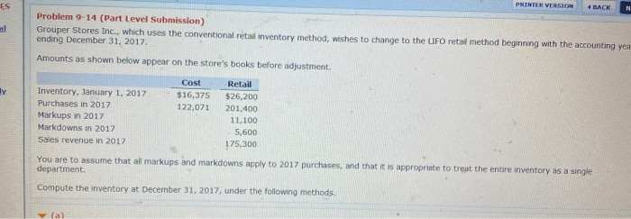 Solved ES PRINTER VERSION 4 BACK N Problem 9-14 (Part Level | Chegg.com