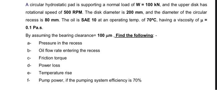 Solved A circular hydrostatic pad is supporting a normal | Chegg.com