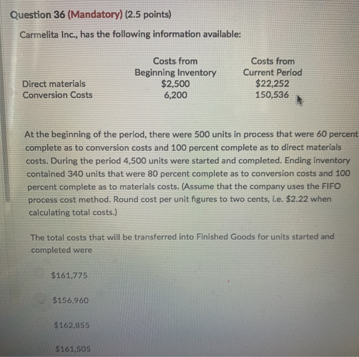 Solved Question 36 (Mandatory) (2.5 points) Carmelita Inc., | Chegg.com Solved Question 36 (Mandatory) (2.5 points) Carmelita Inc., | Chegg.com