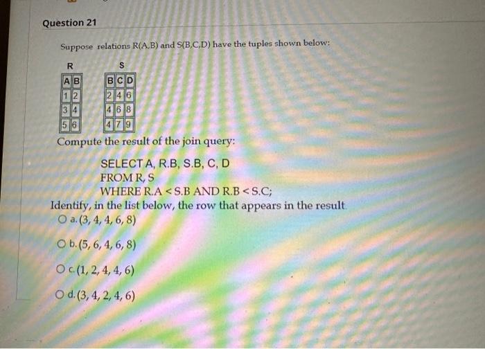 Solved Suppose relations R(A,B) and S(B,C,D) have the tuples | Chegg.com