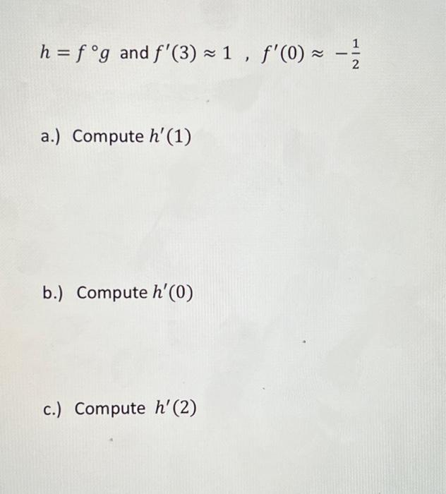 h=f∘g and f′(3)≈1,f′(0)≈−21 a.) Compute h′(1) b.) | Chegg.com