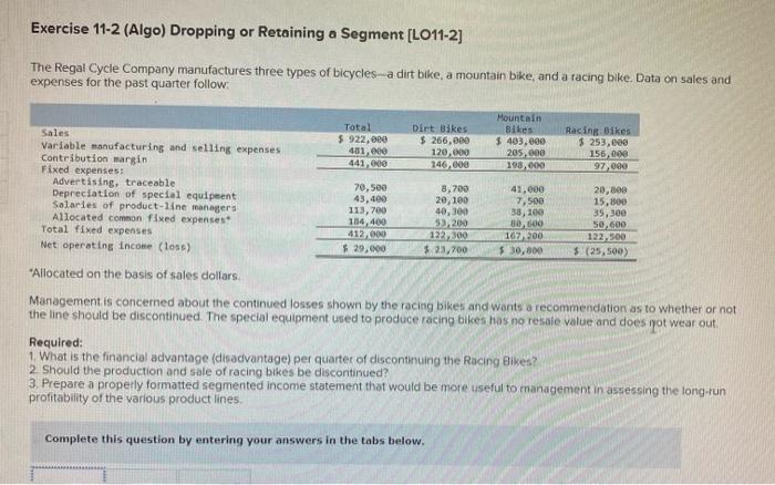 Solved Exercise 11-2 (Algo) Dropping or Retaining a Segment | Chegg.com