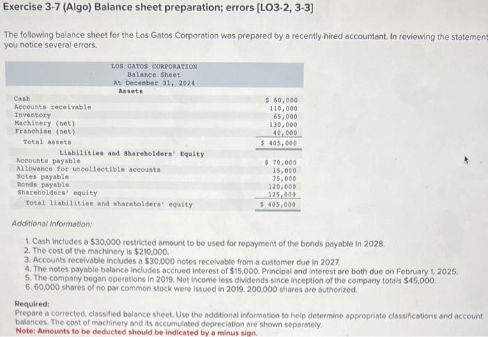 Solved Exercise 3-7 (Algo) Balance sheet preparation; errors | Chegg.com