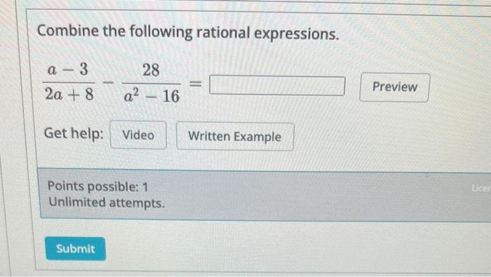 Solved Combine the following rational expressions. | Chegg.com