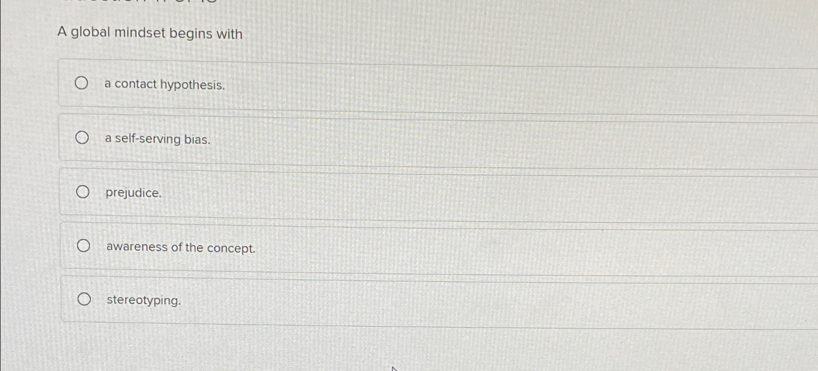 Solved A global mindset begins witha contact hypothesis.a | Chegg.com