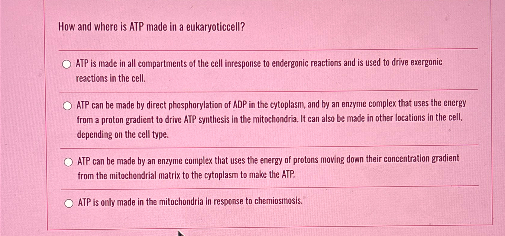 Solved How and where is ATP made in a eukaryoticcell?ATP is | Chegg.com