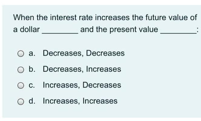 Solved When the interest rate increases the future value of | Chegg.com