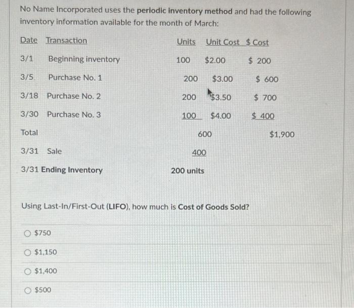 Solved No Name Incorporated uses the periodic inventory | Chegg.com