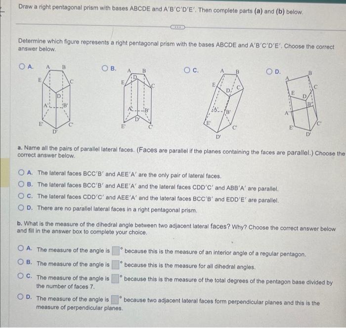 Solved Draw a right pentagonal prism with bases ABCDE and | Chegg.com