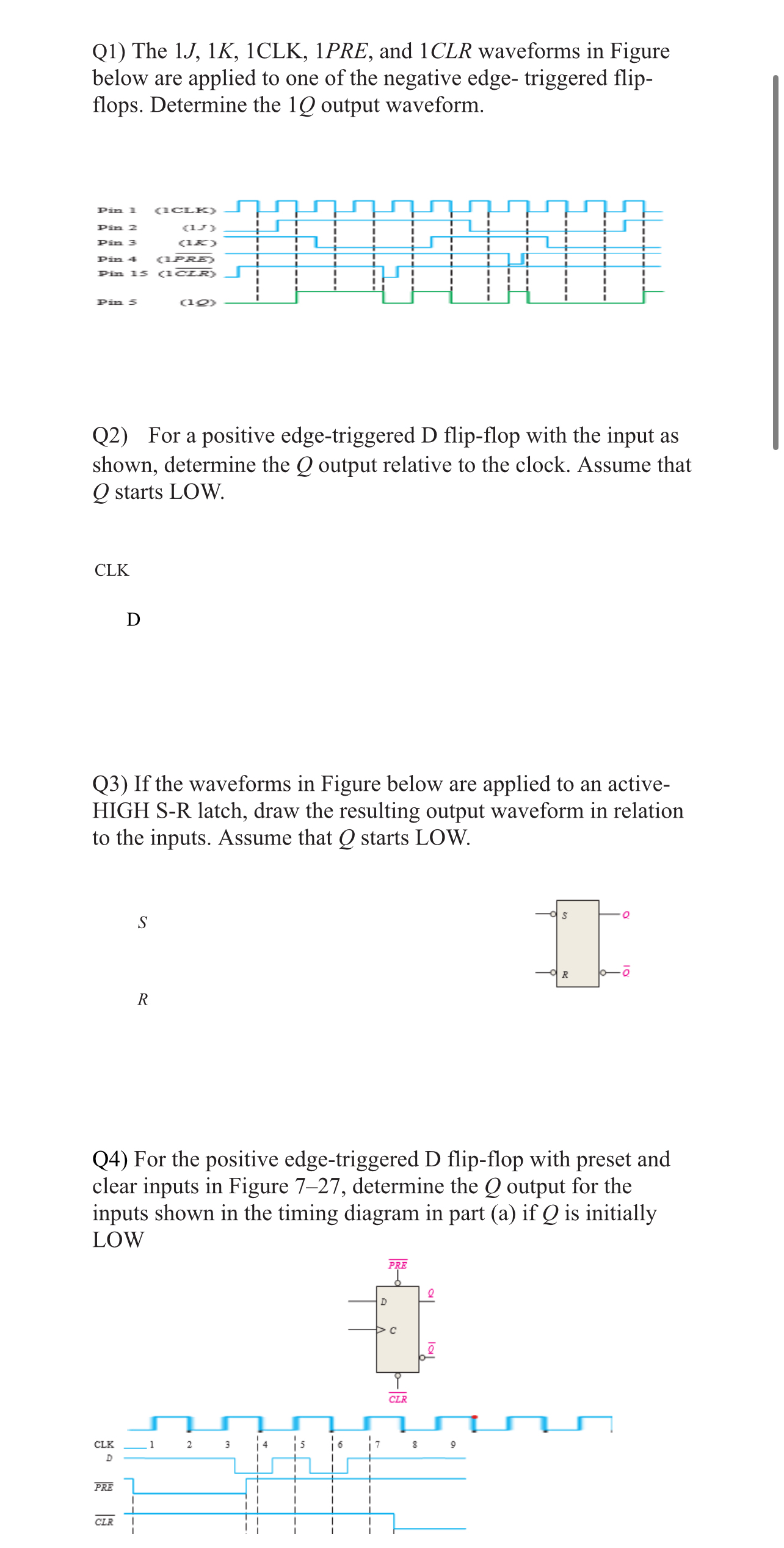 Solved Q1) ﻿The 1J,1K,1CLK,1PRE, and 1CLR ﻿waveforms in | Chegg.com