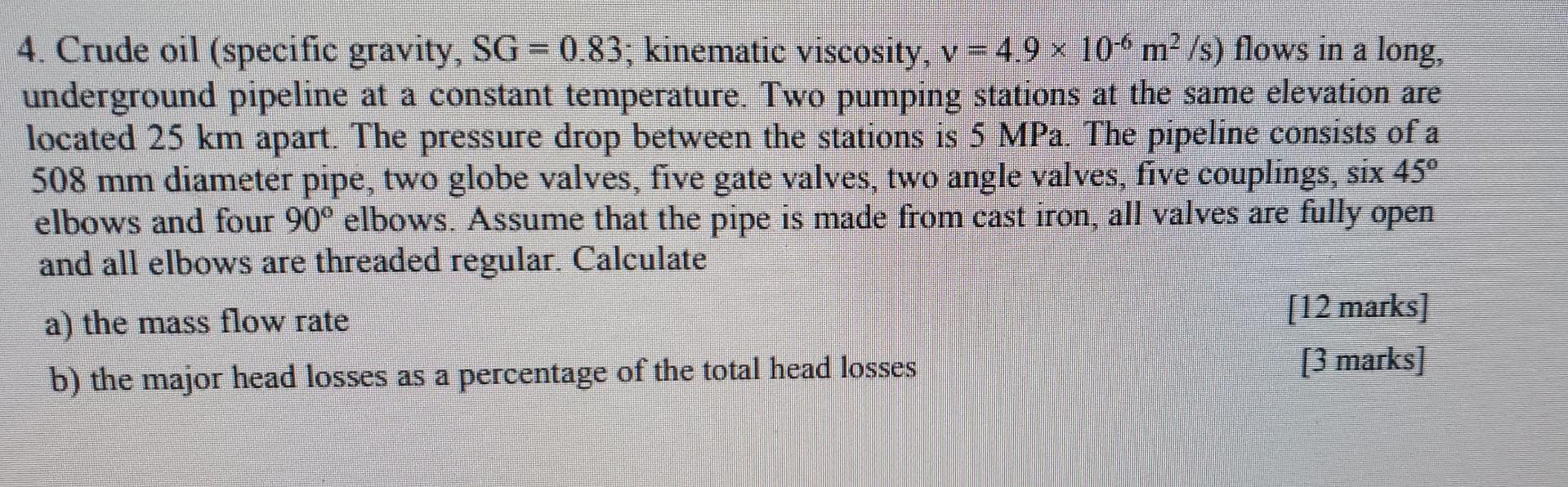 Solved 4. Crude oil (specific gravity, SG = 0.83; kinematic | Chegg.com
