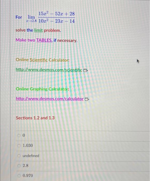 Solved For limx→2.810x2−23x−1415x2−52x+28 solve the limit | Chegg.com