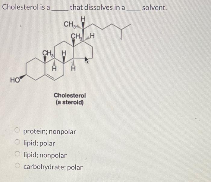 Solved Cholesterol is a that dissolves in a solvent. | Chegg.com