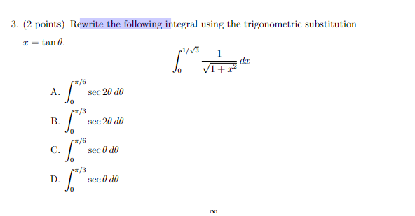 Solved (2 ﻿points) ﻿Rewrite the following integral using the | Chegg.com
