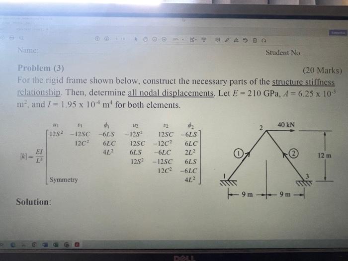 Solved Problem (3) (20 Marks) For the rigid frame shown | Chegg.com Solved Problem (3) (20 Marks) For the rigid frame shown | Chegg.com
