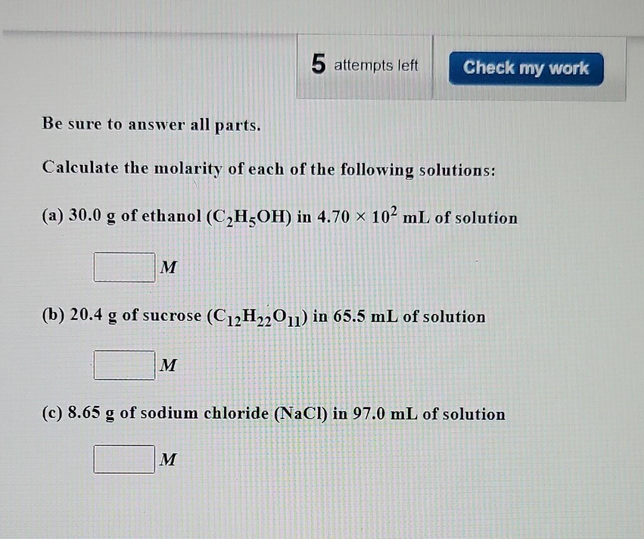 Solved Be sure to answer all parts. Calculate the molarity | Chegg.com